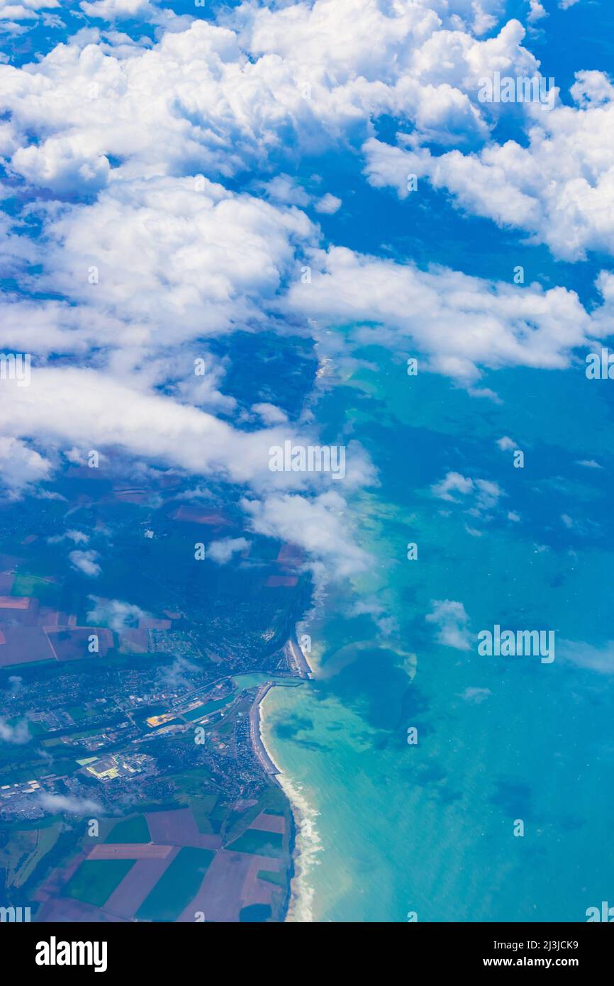 Aerial view of French coastline and Calais seen from a flying plain ...