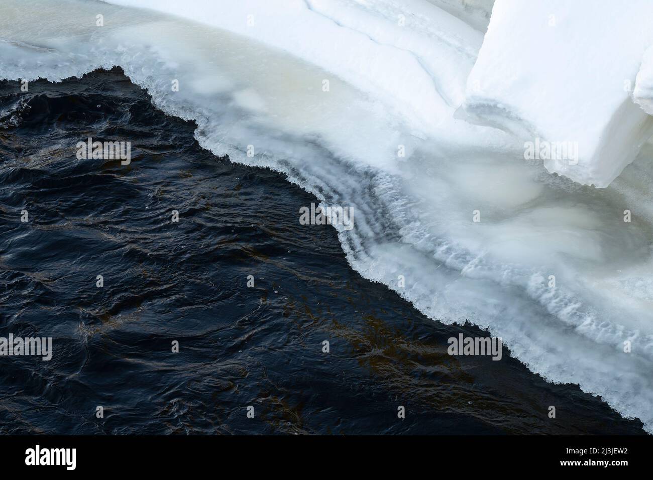 A white shelf of thawing ice and snow on the bank of a river Stock ...