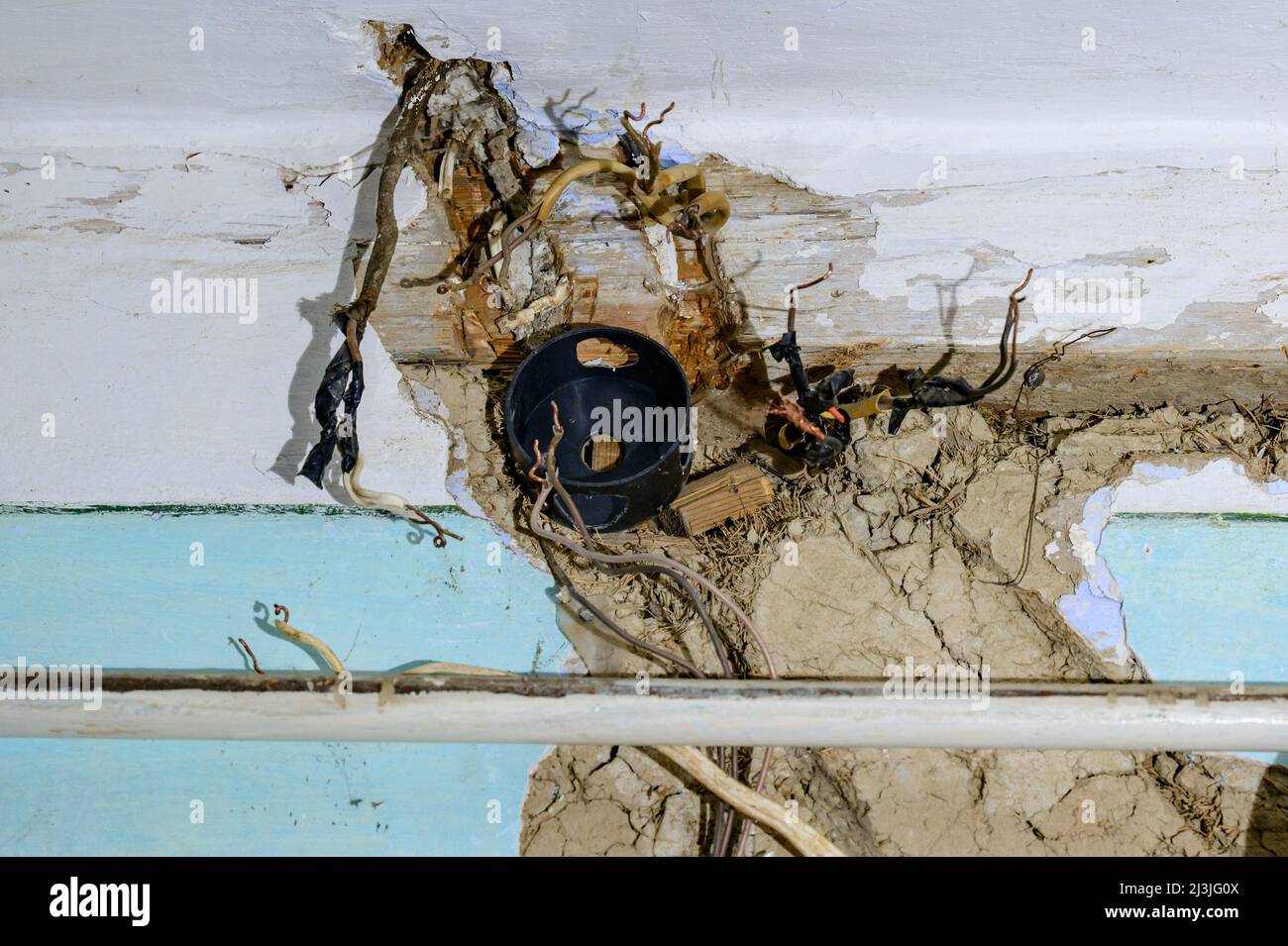 Old electrical wiring in the house, wooden walls in the house ...