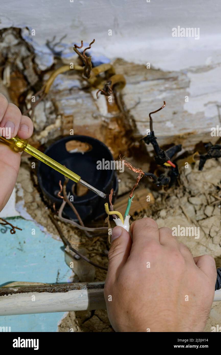 Old electrical wiring in the house, wooden walls in the house ...