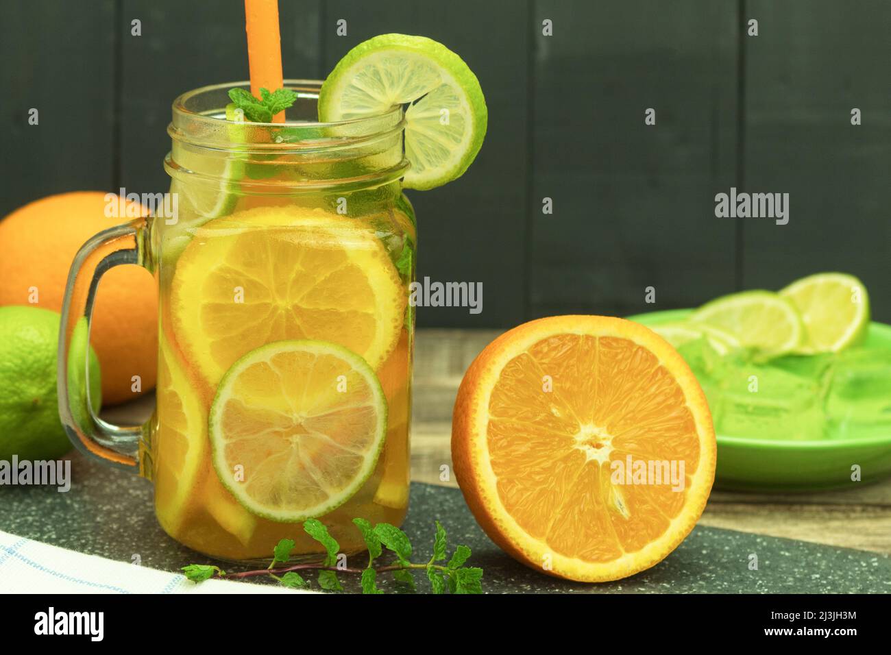A fresh, water drink infused with orange, lemon and lime. Fresh fruit ...