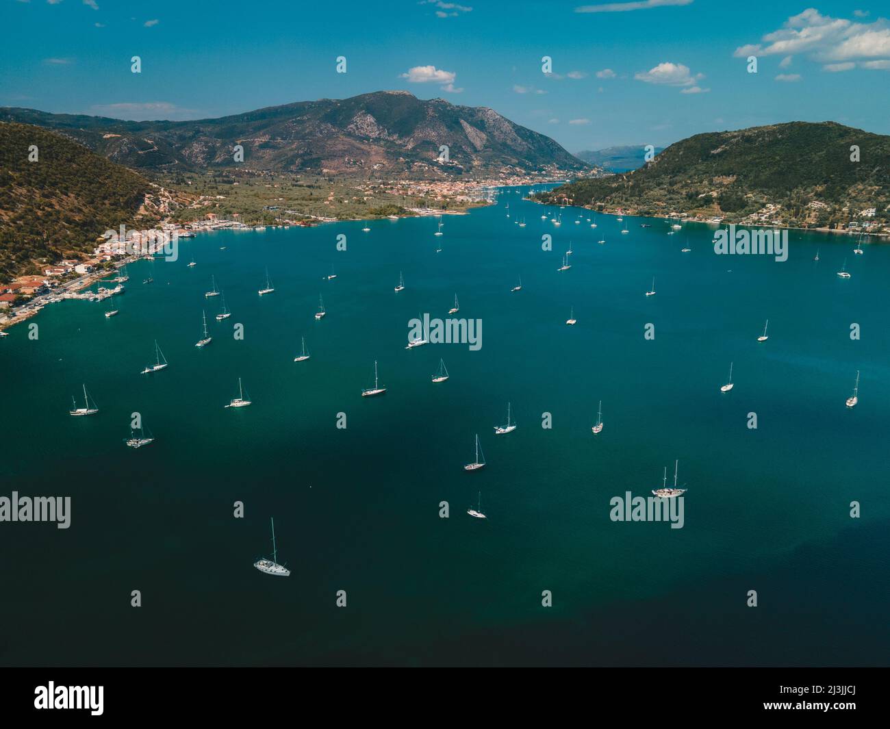 overhead view of harbor with yachts and boats at Lefkada island Greece ...