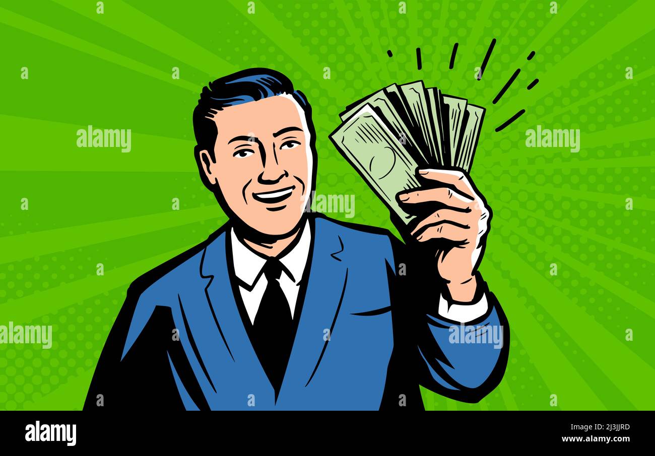Businessman in suit stands with dollar cash showing money. Happy ...