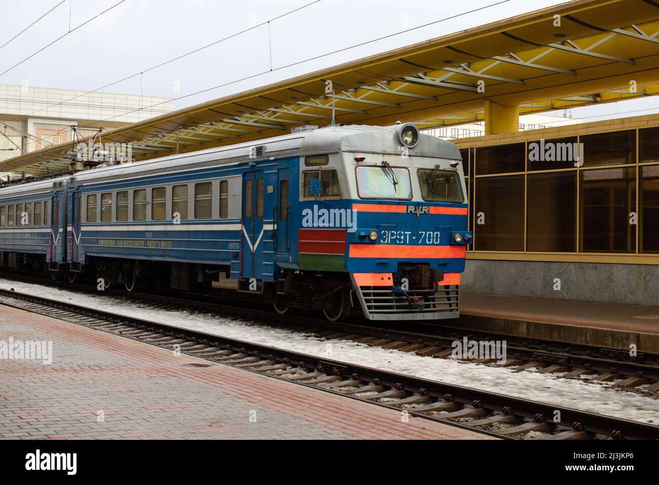 Belarus, Minsk - 20 march, 2022: Trains at the railway station close up ...