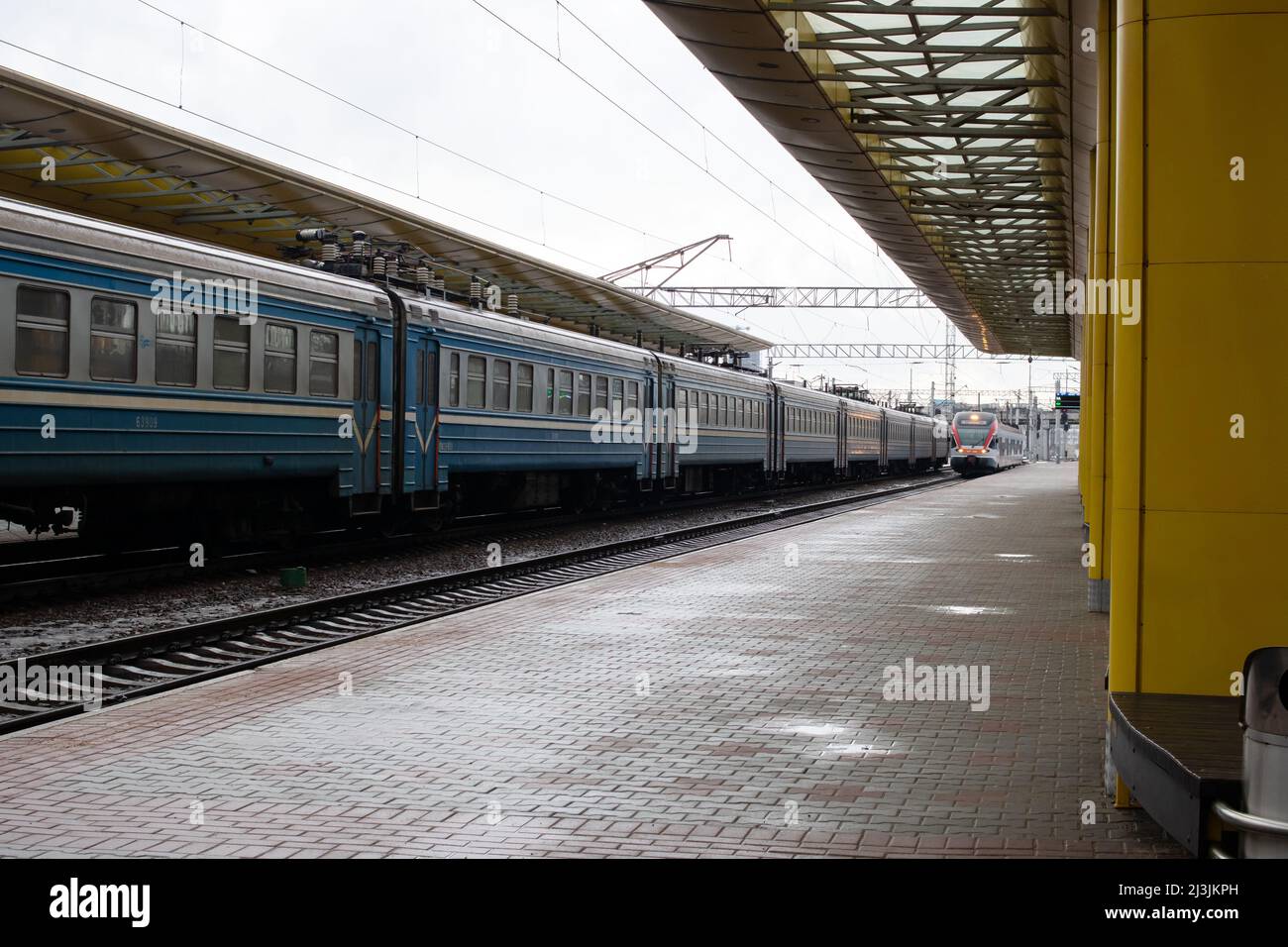 Belarus, Minsk - 20 march, 2022: Trains at the railway station close up ...