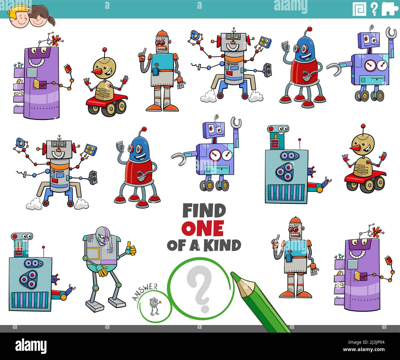 Cartoon illustration of find one of a kind picture educational game ...