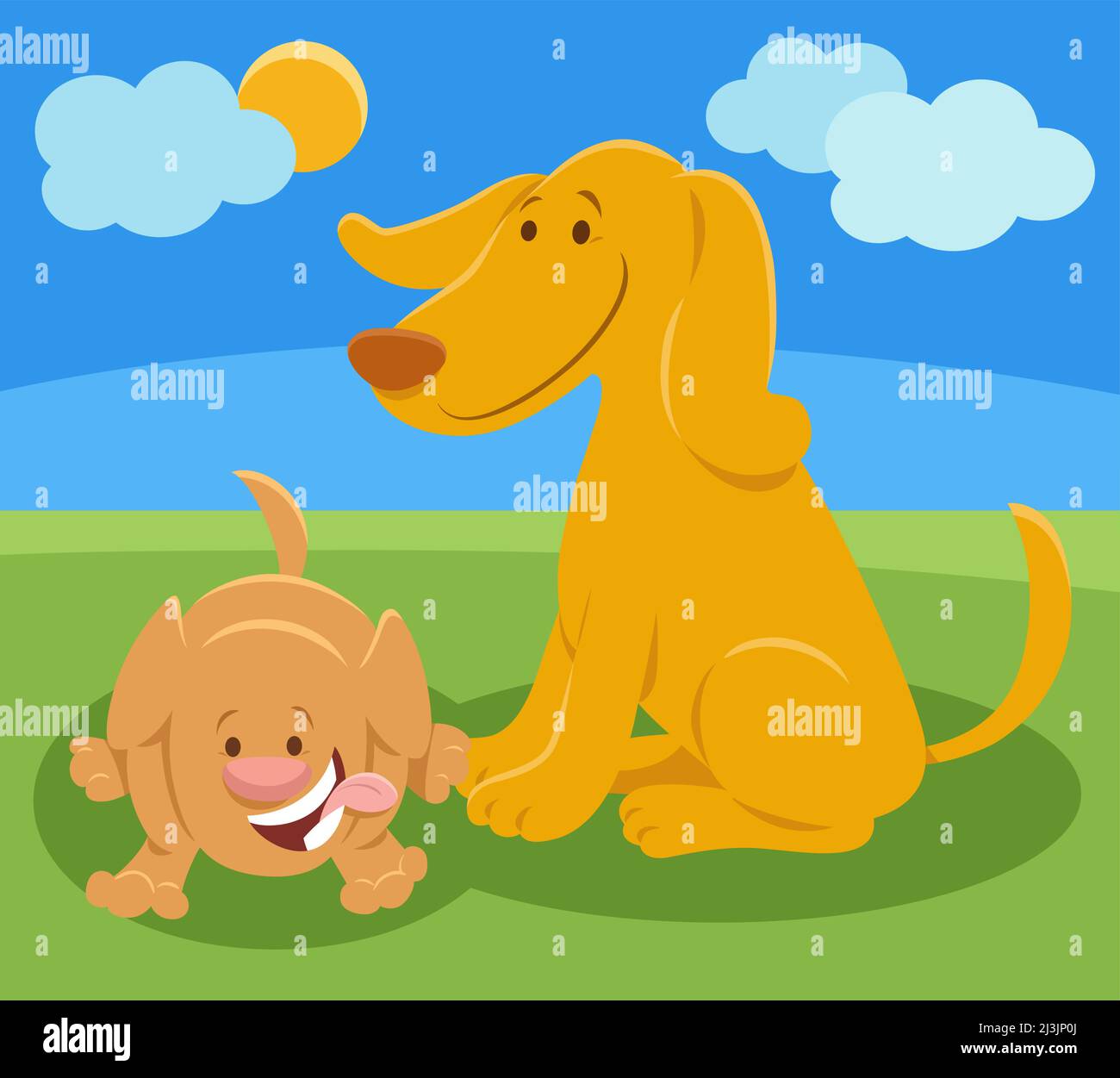 Cartoon illustration of dog mom animal character with happy little ...