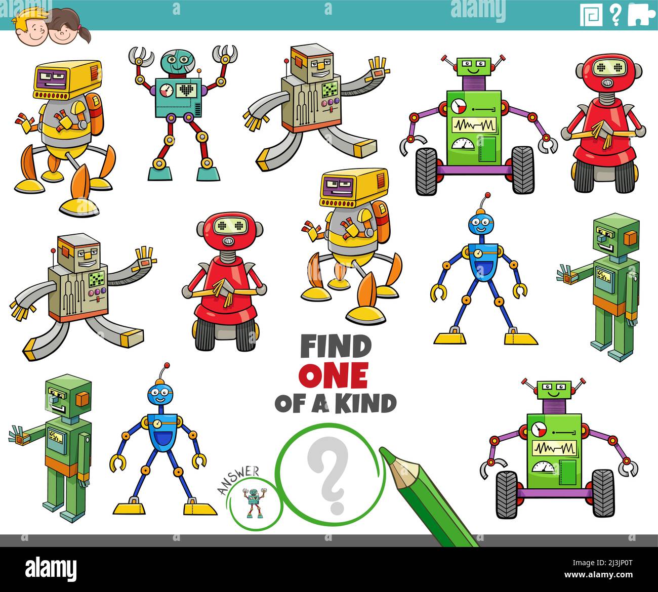 Cartoon illustration of find one of a kind picture educational task ...