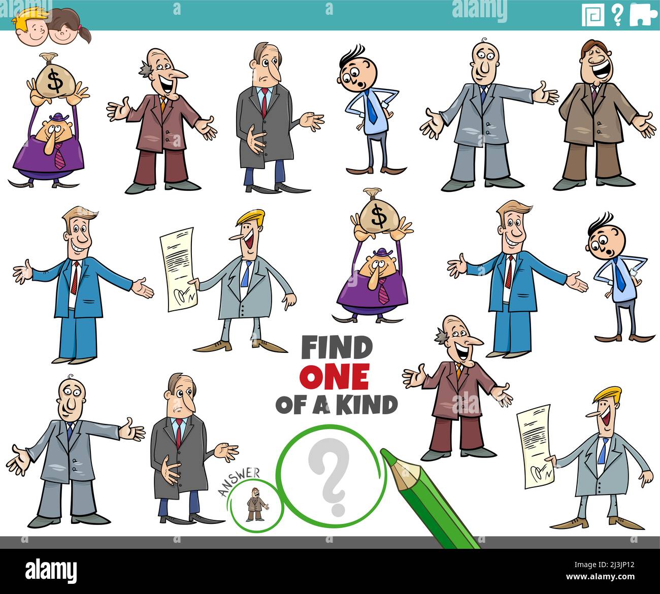 Cartoon illustration of find one of a kind picture educational task ...