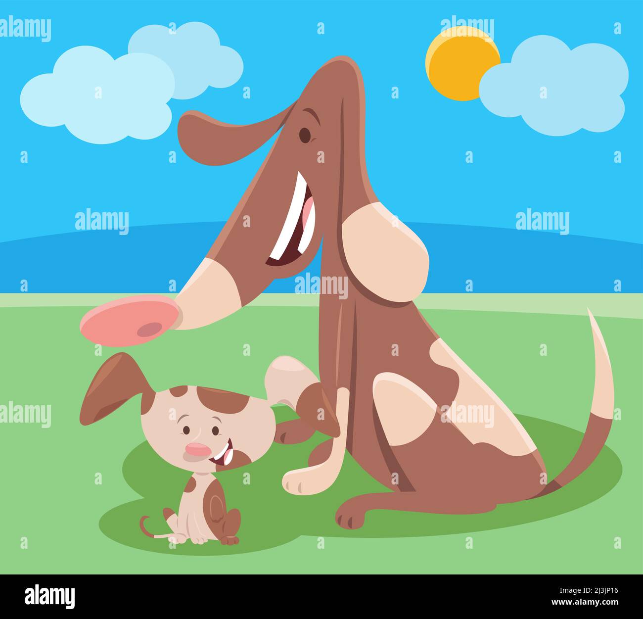Cartoon illustration of dog mom animal character with cute little puppy ...