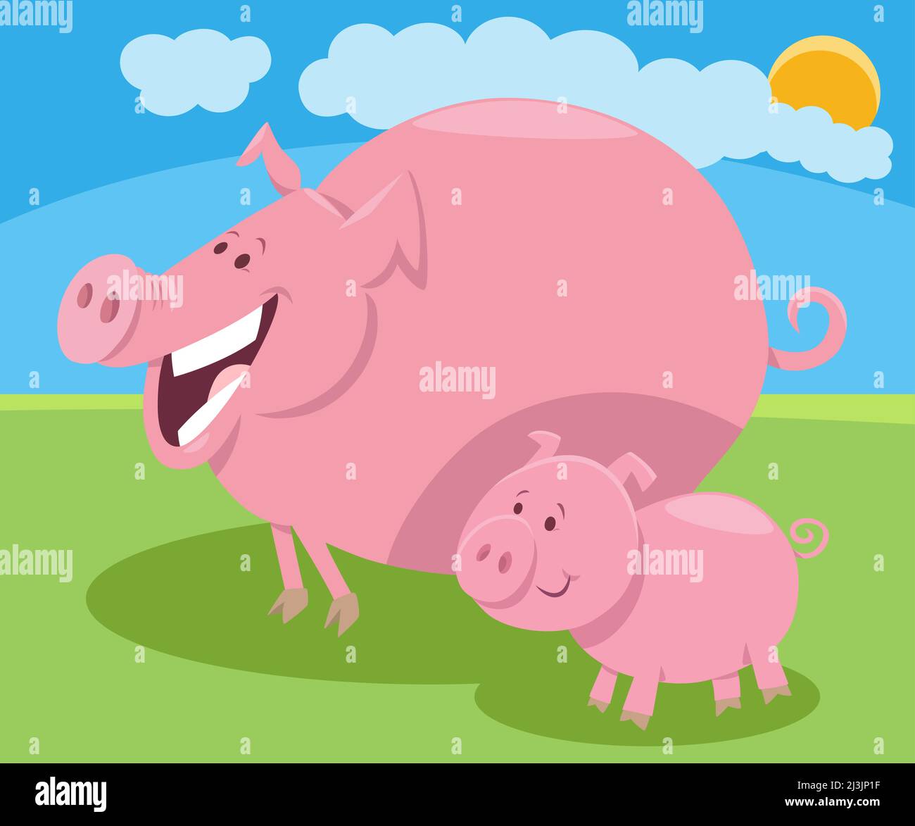 Cartoon illustration of pig mom farm animal character and little piglet ...