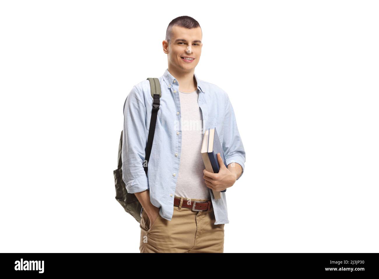 Guy with books and backpack smiling at the camera isolated on white ...