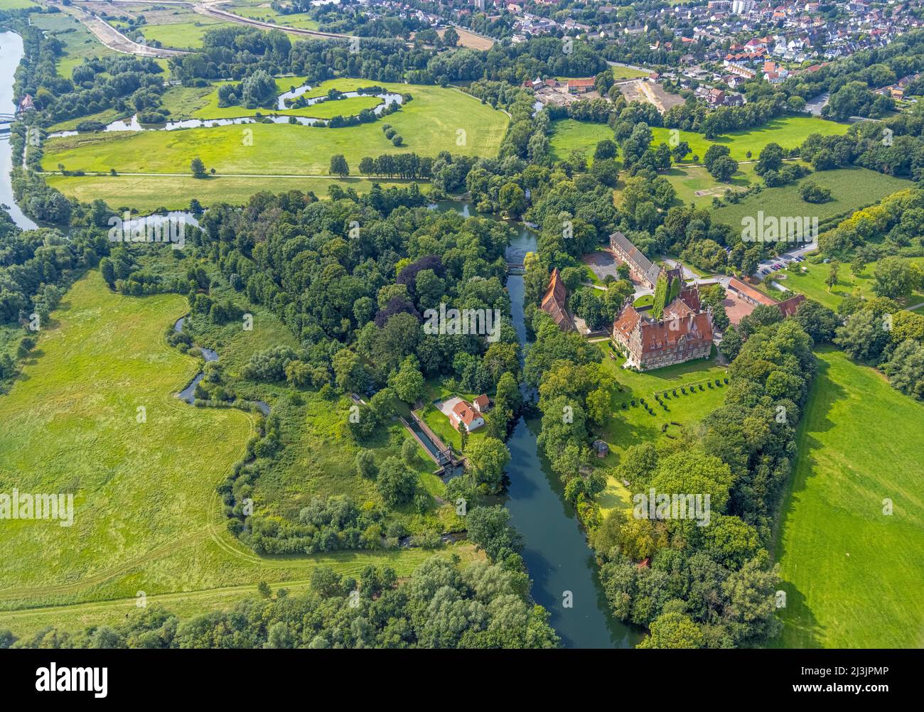 Aerial view, Heessen Castle on the river Lippe with public school and ...