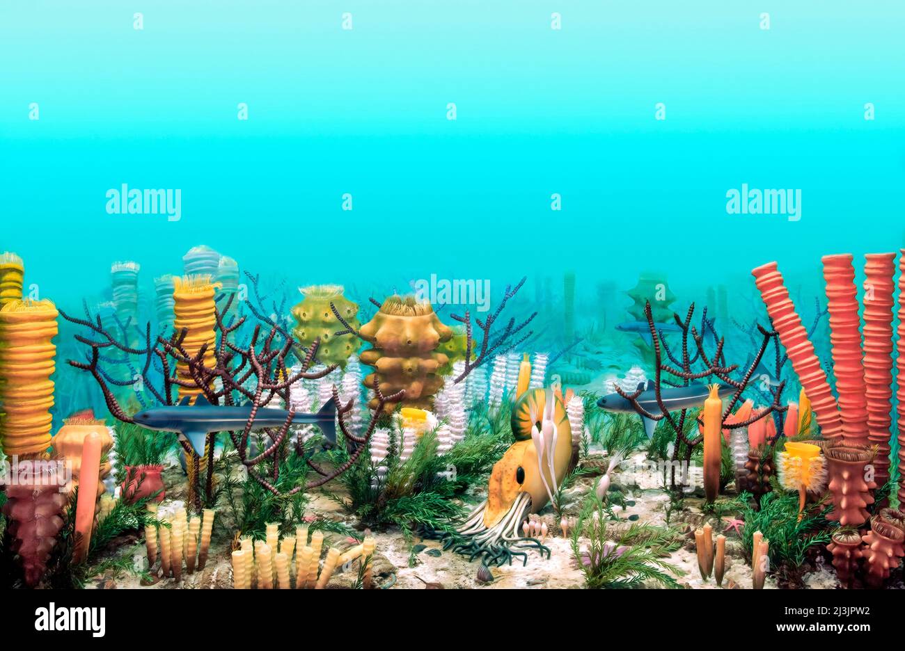 Ancient Sea, Upper Devonian - Primitive Fishes & Sponges Stock Photo ...