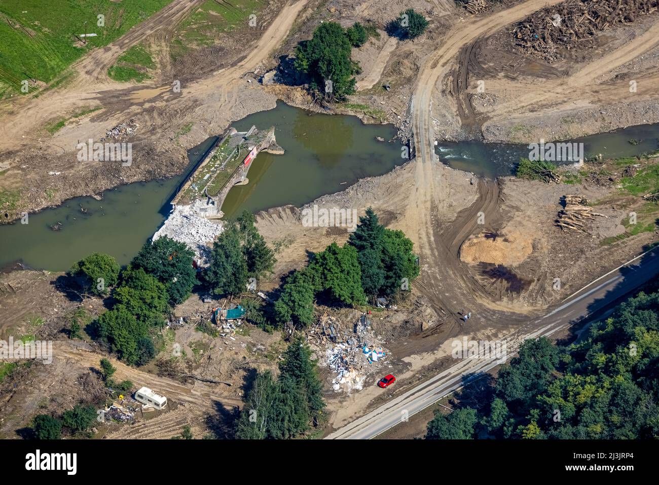 Aerial photograph, flooded area on the river Ahr with destroyed bridge ...