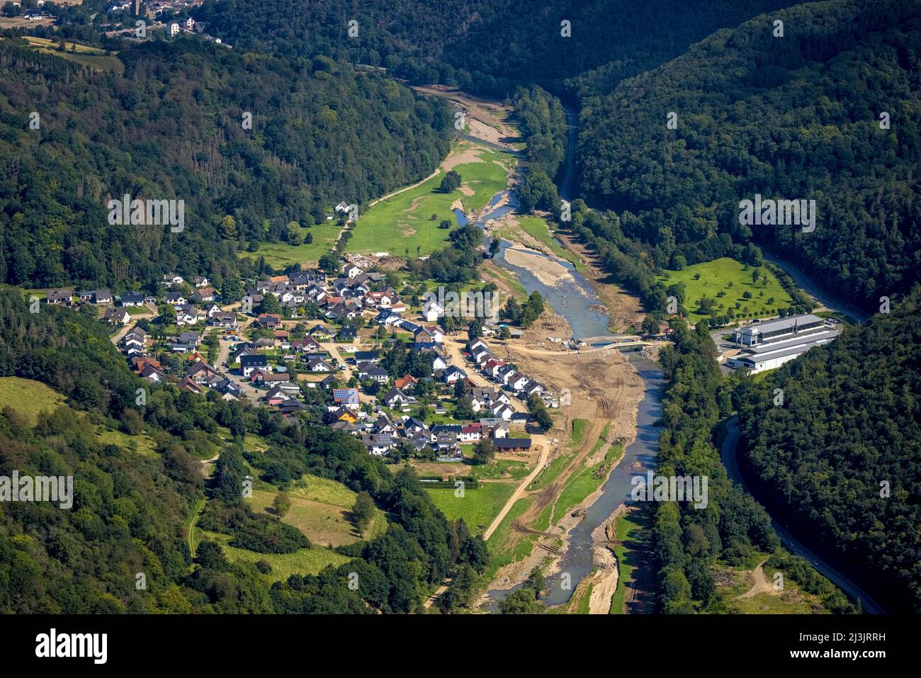 Aerial view, flooded area at the river Ahr with destroyed Josef ...