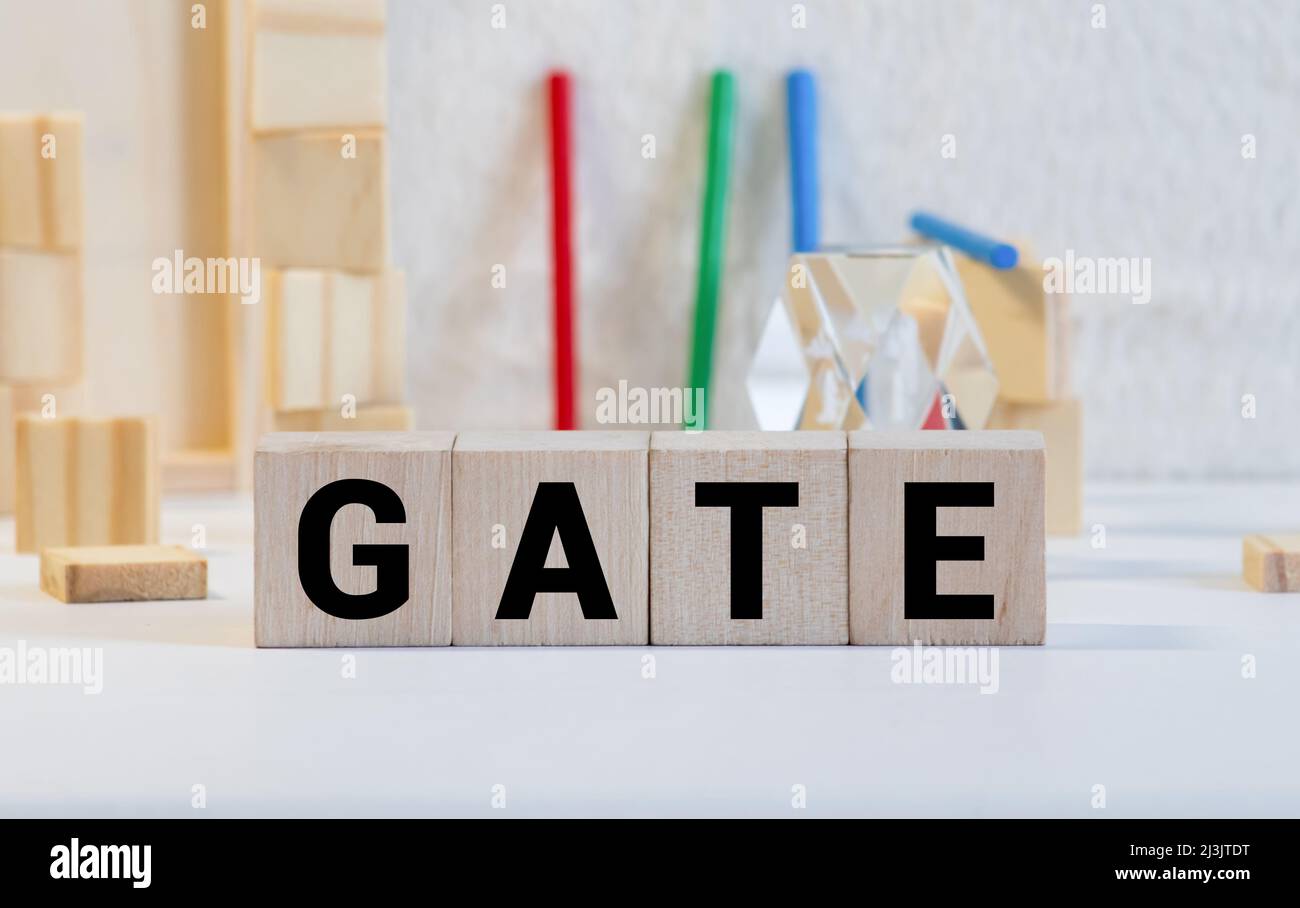 GATE word made with building blocks isolated on white Stock Photo - Alamy