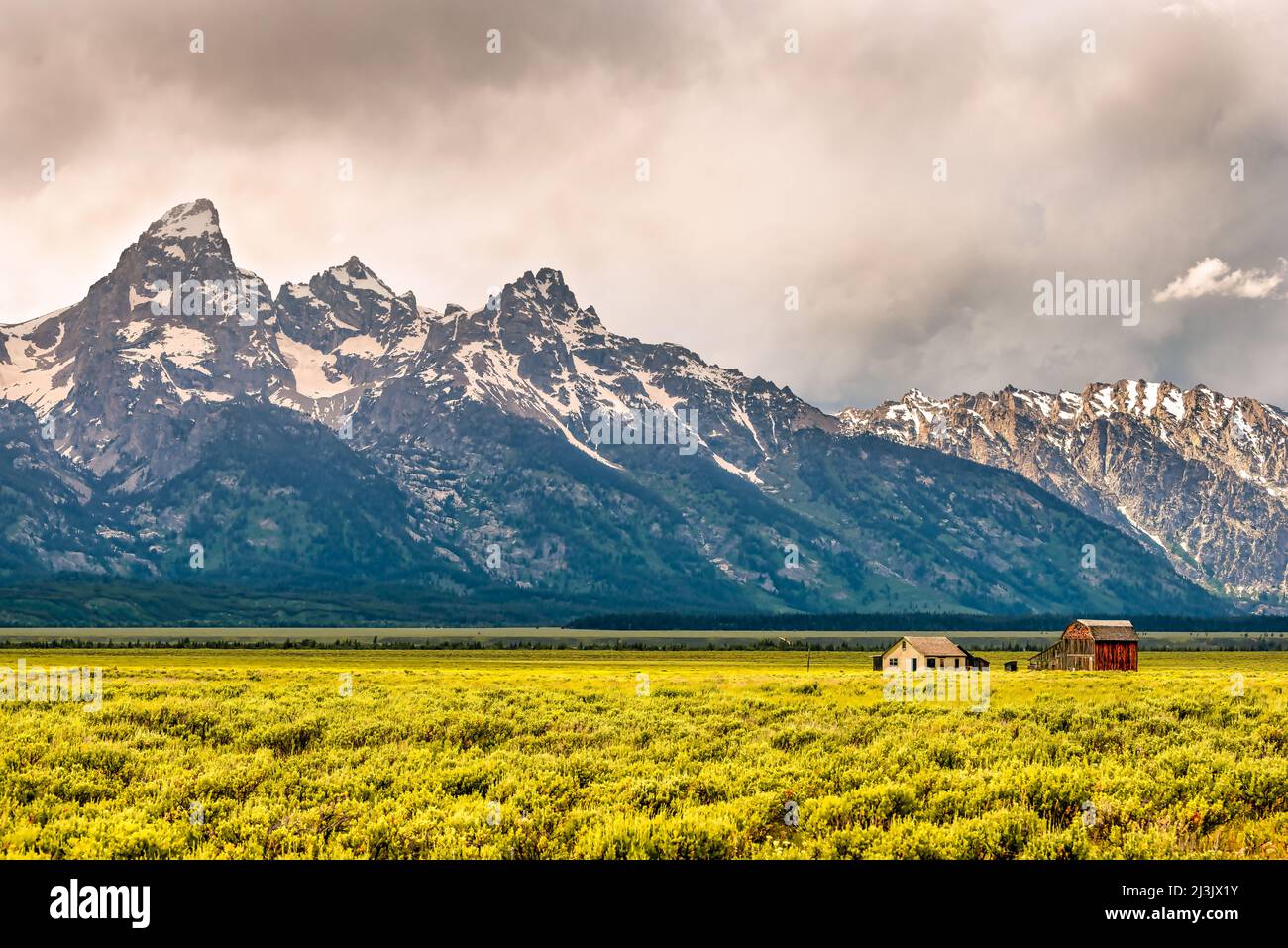 Historic Mormon Ranch and Grand Teton Mountains early morning, Wyoming ...