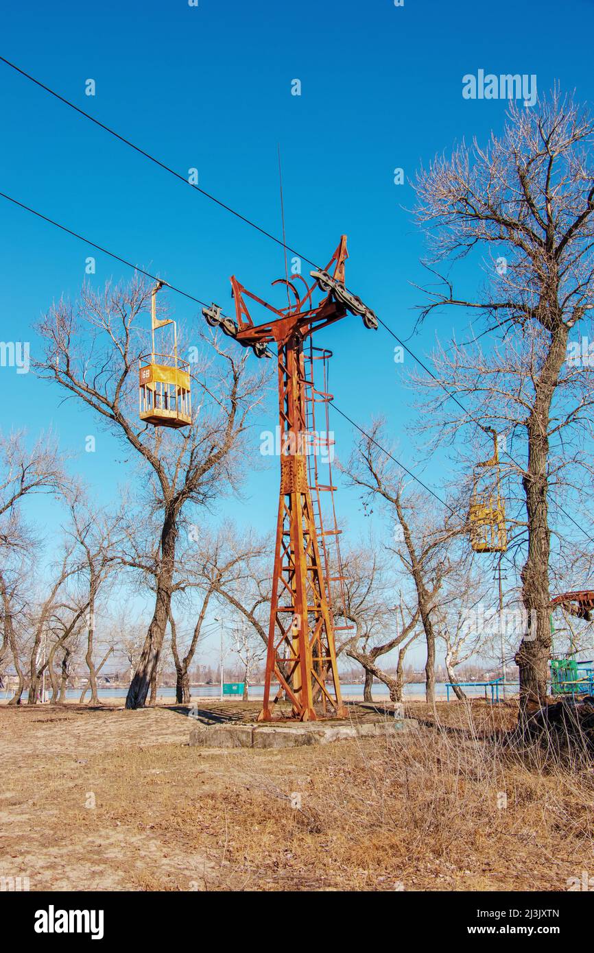 Old cable car in Dnepropetrovsk. Cableway equipment and mechanisms ...