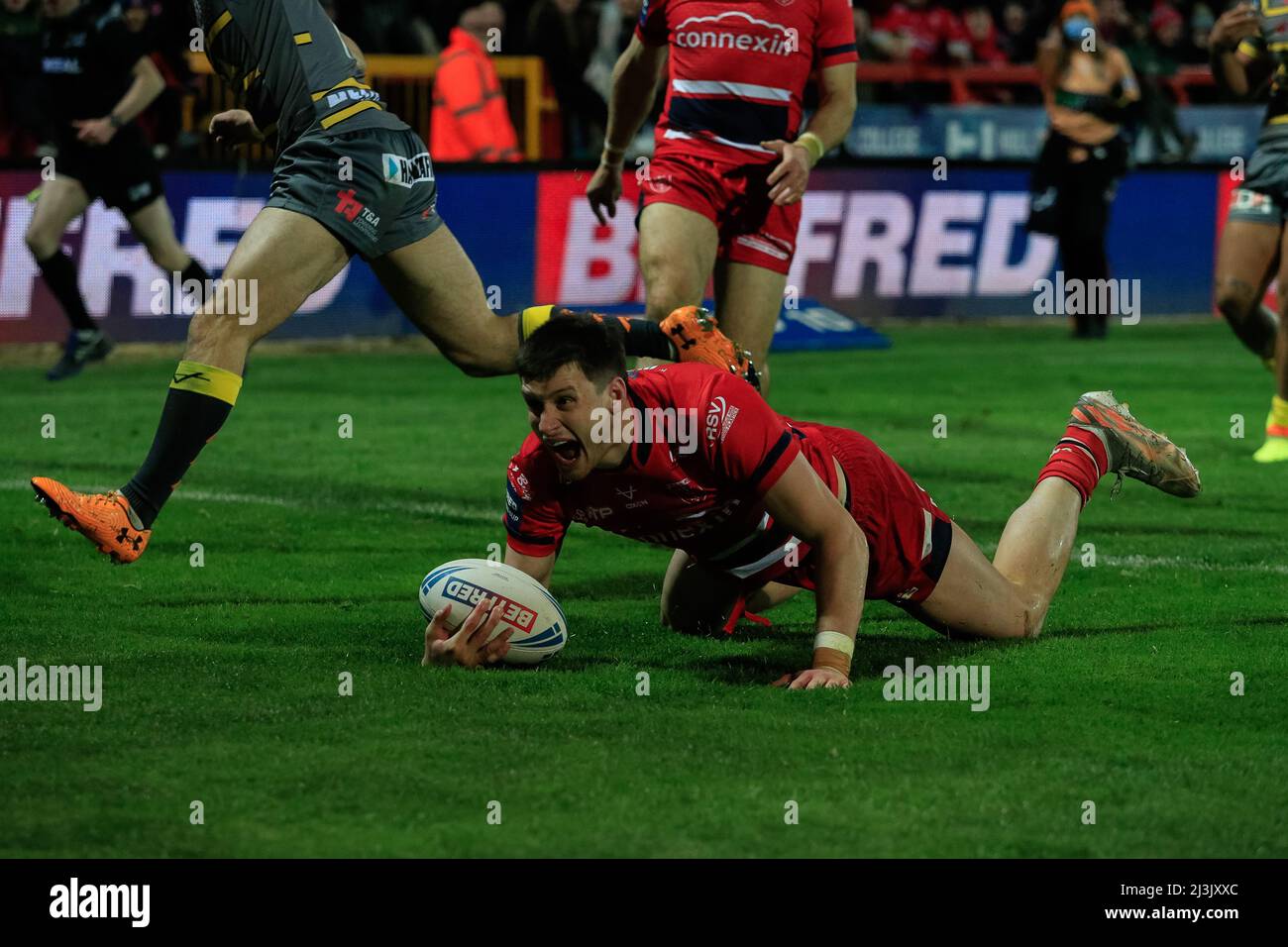 Sam Wood (24) of Hull KR goes over for a try and makes the score 26-10 ...