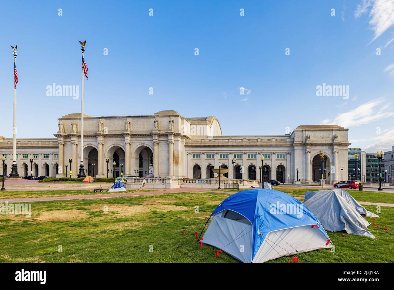Sunny view of some homeless tent in front of the Union Station at ...