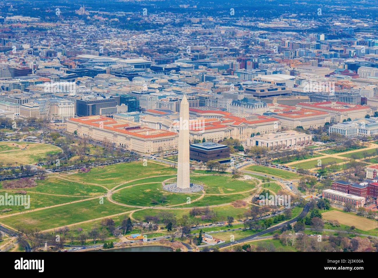 Aerial view of the cityscape and Washington Monument of Washington DC ...