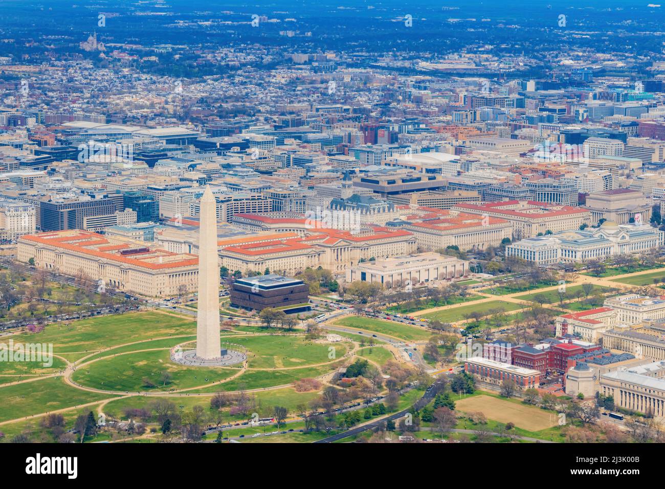 Aerial view of the cityscape and Washington Monument of Washington DC ...