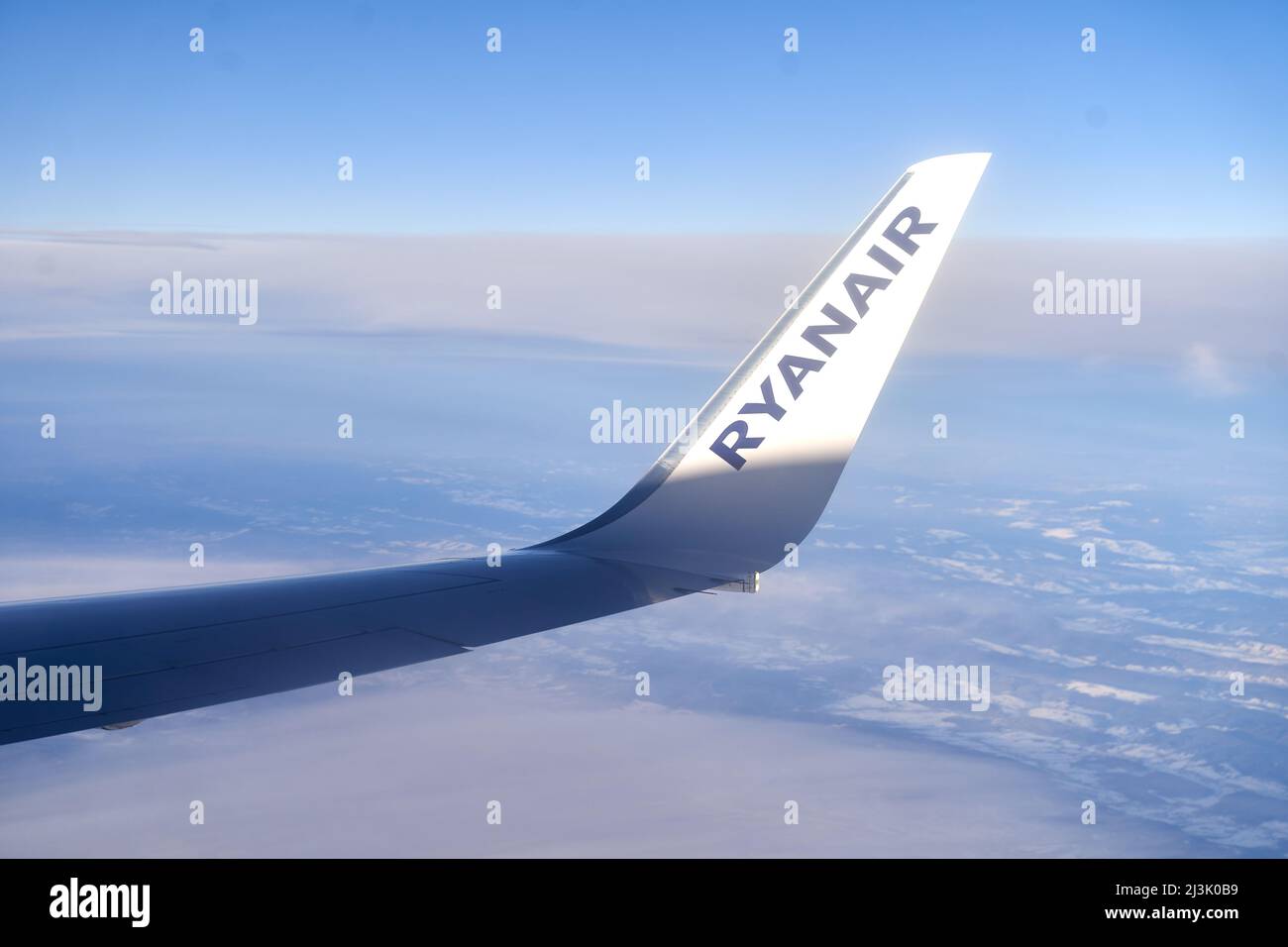 Logo of Ryanair, Irish ultra-low-cost carrier, on the airplane wing ...