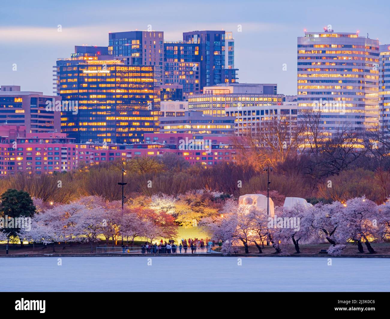 Beautiful sunset skyline of downtown with cherry blossom at Washington ...