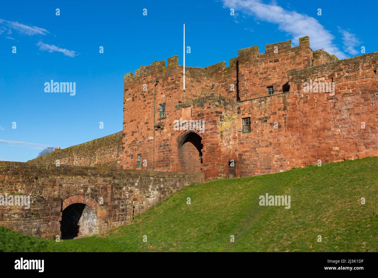 Exterior of old English castle on a beautiful Spring morning. Carlisle ...