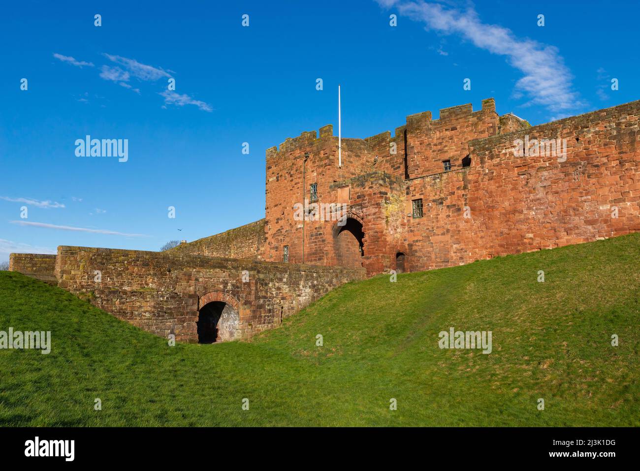 Exterior of old English castle on a beautiful Spring morning. Carlisle ...