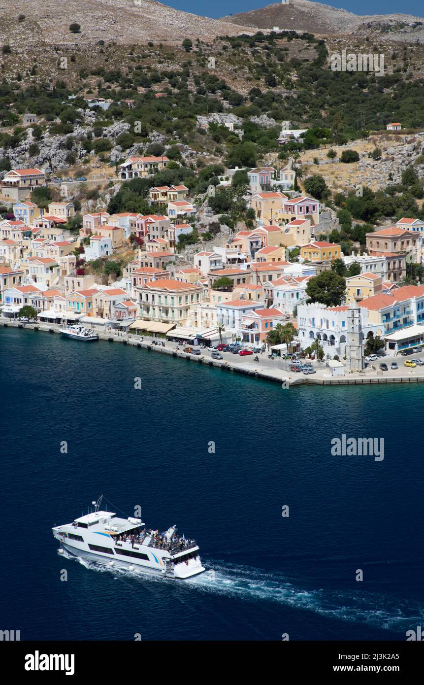 Boats in Gialos Harbor on Symi (Simi) Island, Dodecanese Island Group ...