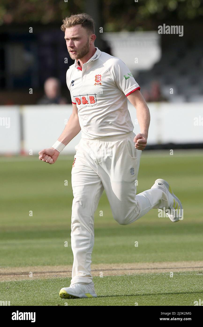 Sam Cook of Essex celebrates taking the wicket of Daniel Bell-Drummond ...
