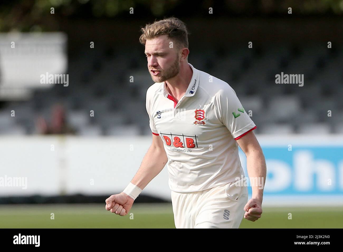 Sam Cook of Essex celebrates taking the wicket of Daniel Bell-Drummond ...