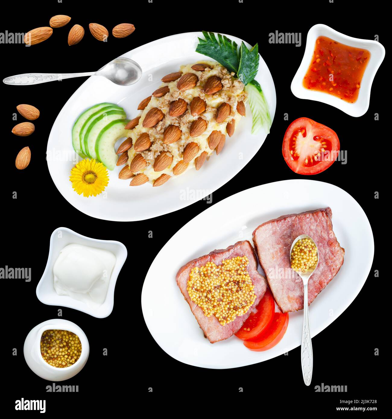 Seamless pattern with beautiful tasty appetizers, sauces and mustard ...