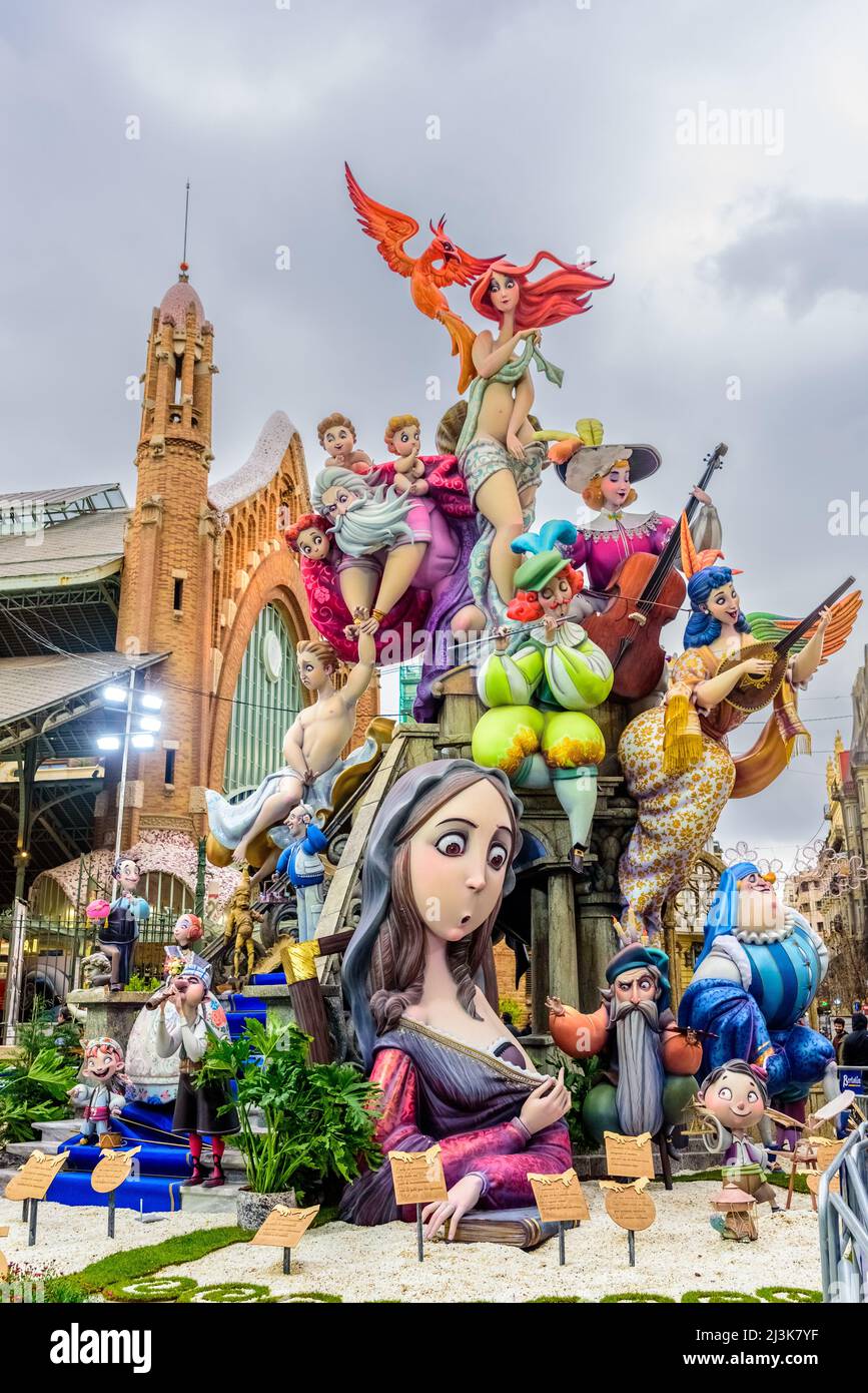 Valencia, spain - March 15, 2022: Fallas monument in the market square ...