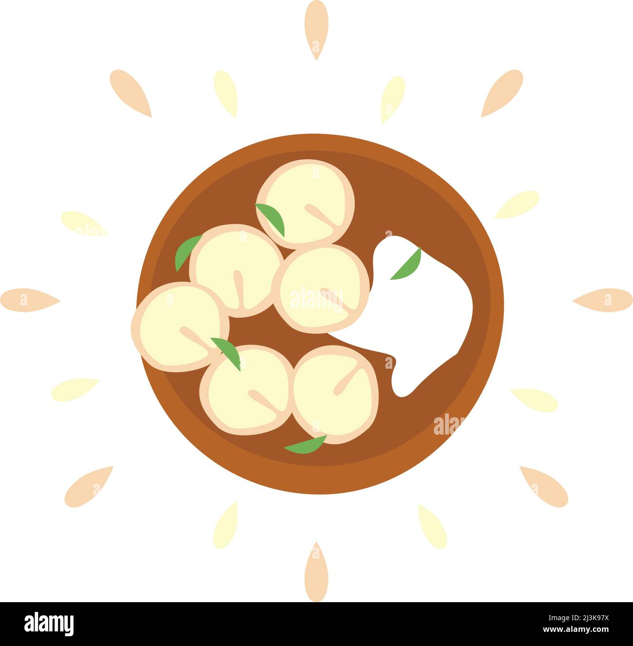 Abstract icon juicy dumplings with sour cream with splashes on a white ...