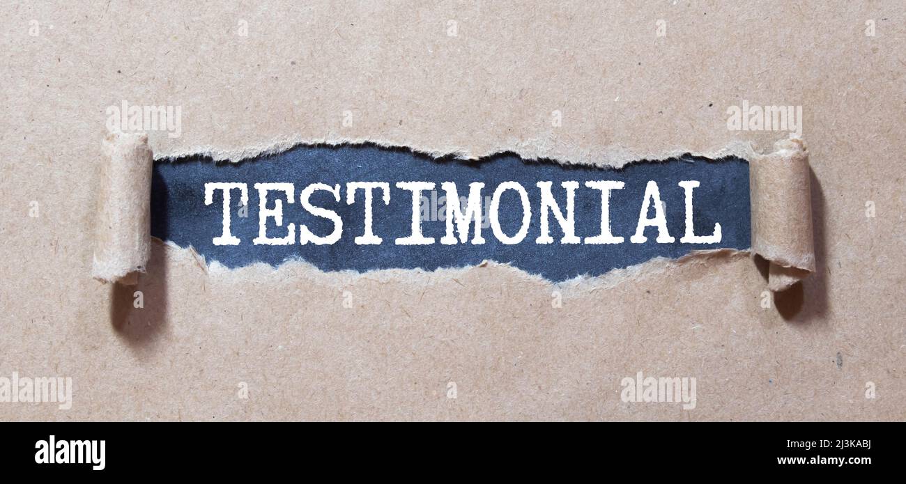 Testimonial - word from wooden blocks with letters, statement about the ...