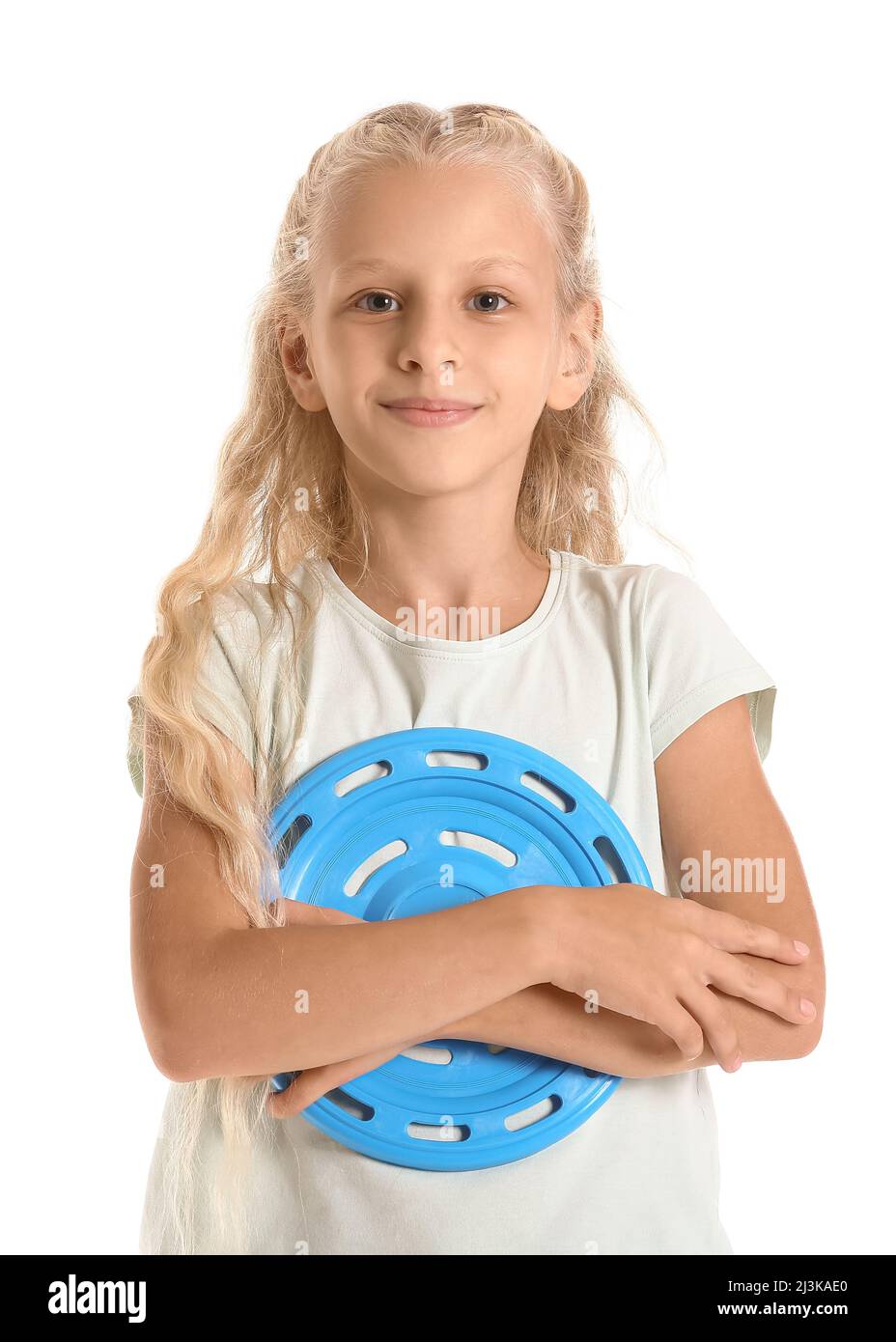 Funny little girl with frisbee disk on white background Stock Photo - Alamy