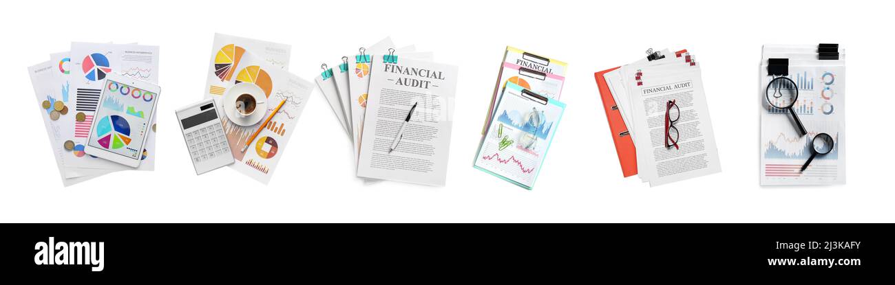 Set of documents and stationery isolated on white Stock Photo - Alamy