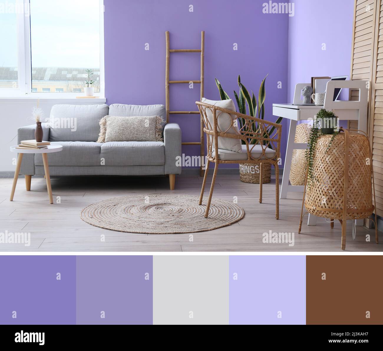 Interior of modern living room with sofa, tables and chair. Different ...