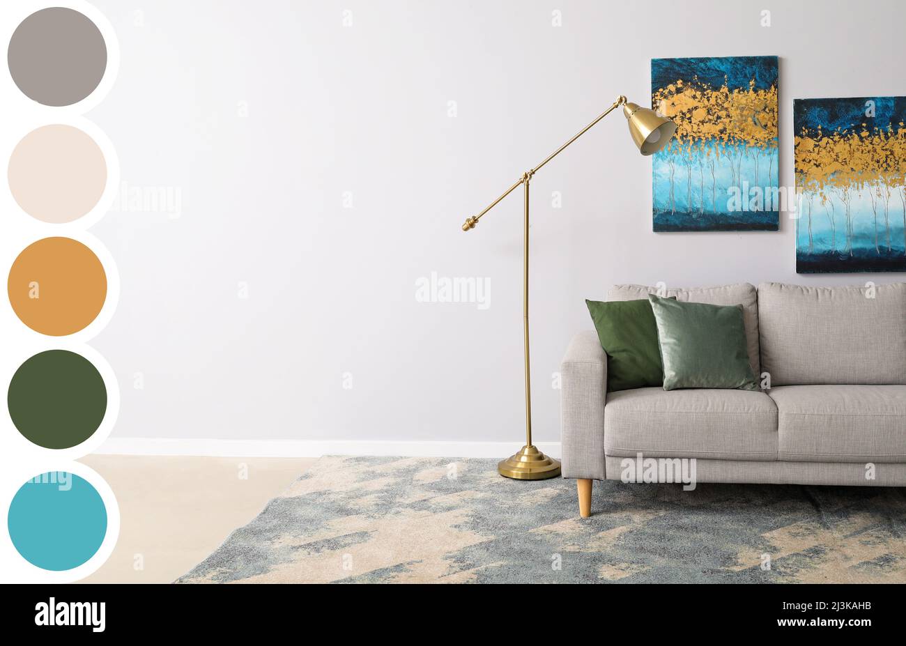 Interior of modern living room with sofa and lamp. Different color ...