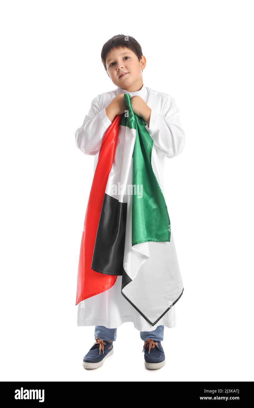 Cute little boy with national flag of UAE on white background Stock ...
