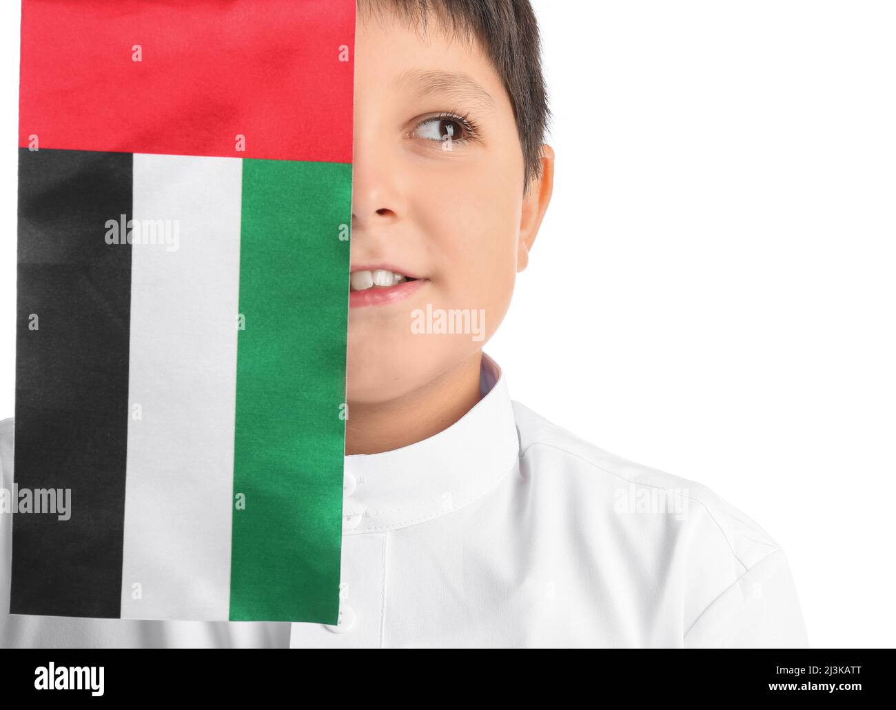 Cute little boy with national flag of UAE on white background, closeup ...