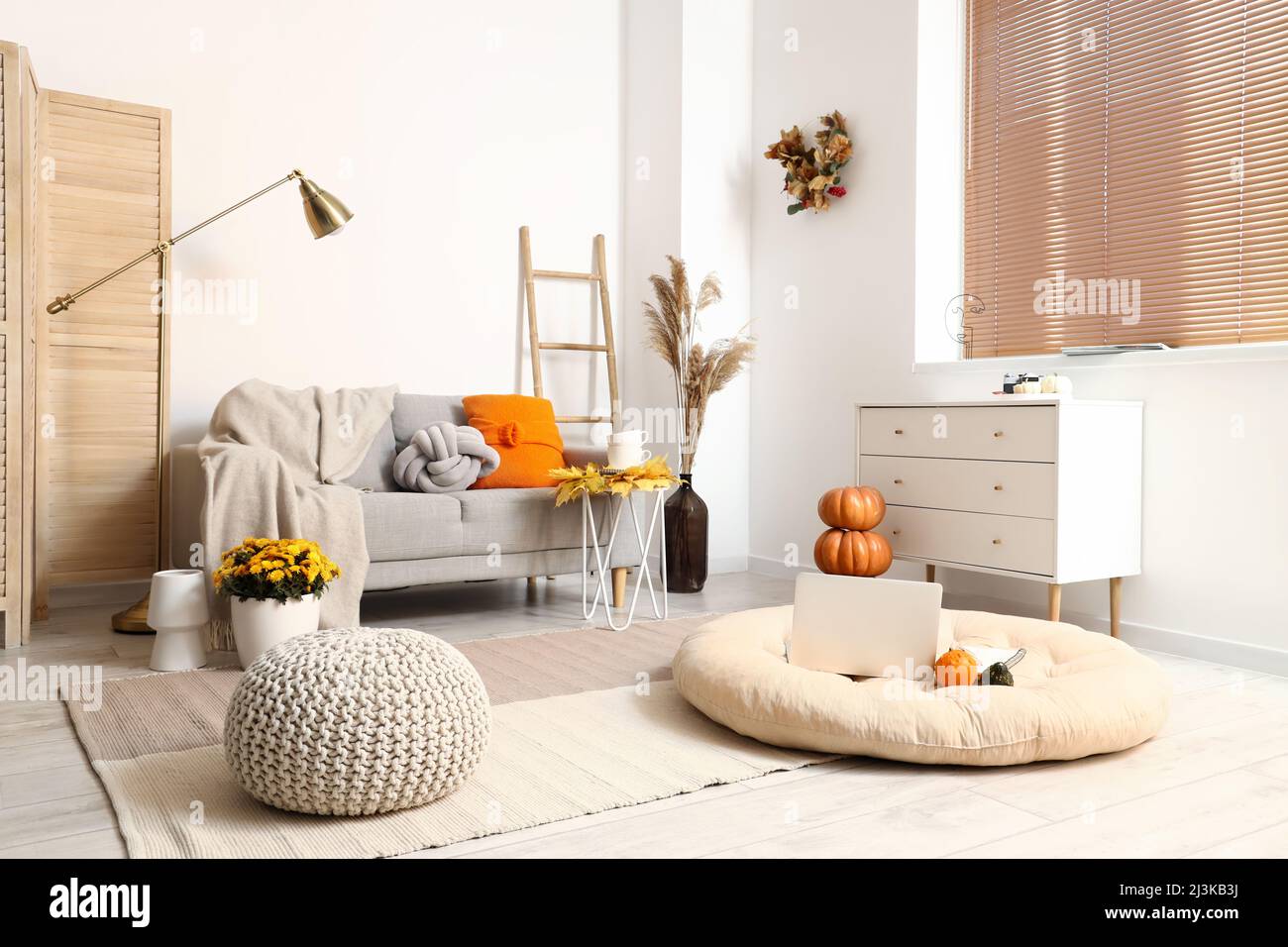 Interior of beautiful living room with autumn decor Stock Photo - Alamy