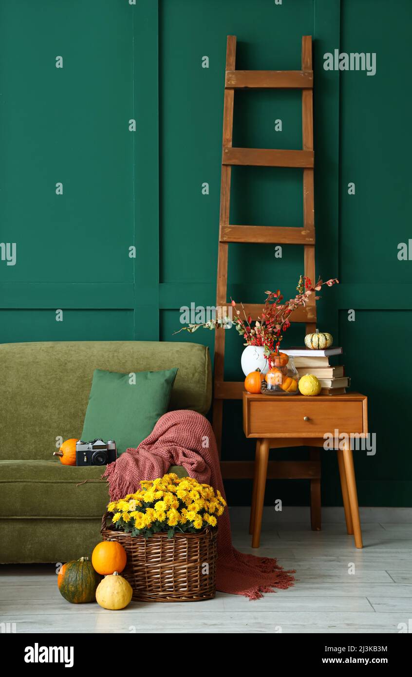 Interior of beautiful living room with autumn decor Stock Photo - Alamy