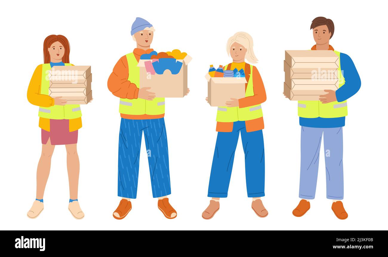 Volunteers with donations volunteering concept. Helping poor refugees ...