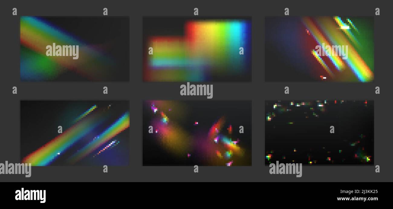 Rainbow crystal light beams, prism on black background. Collection of ...
