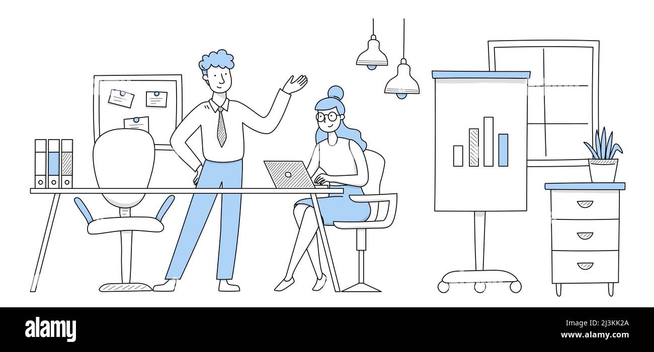 Office workers doodle concept with businessman and businesswoman ...