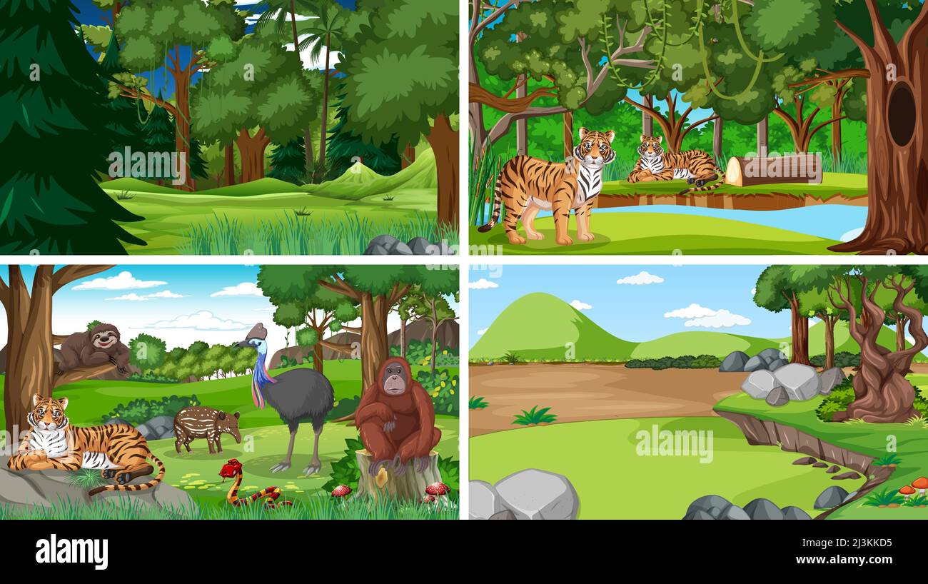 Different forest scenes with wild animals illustration Stock Vector ...